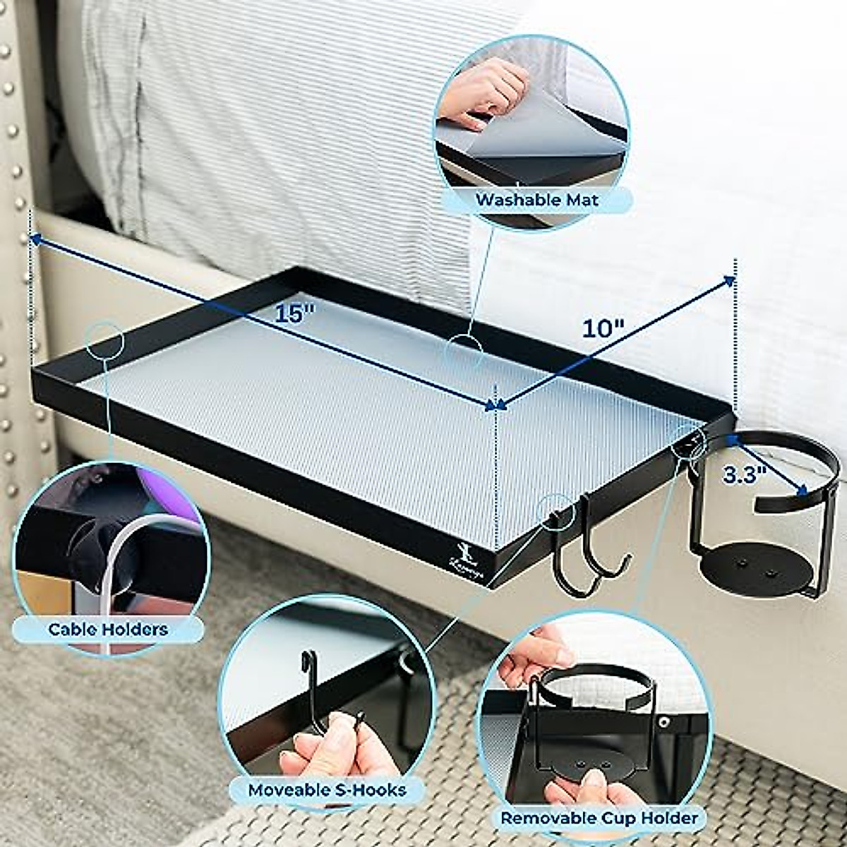 Premium Steel Bedside Shelf, Bunk Bed Shelf Organizer for Top Bunk Clip On Nightstand for College Dorm Loft Bed Bedside Shelf Tray for Kids with Cupholder, Hooks, Cable Organizer (Clamp, Black)