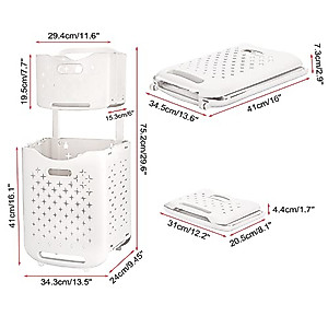 BTSKY Plastic Collapsible Laundry Baskets Wall Hanging Dirty Clothes Hamper with Hidden Pull-rod Multifunctional Plastic Laundry Baskets for Laundry Room Organization Bathroom Hotel and Camping, White