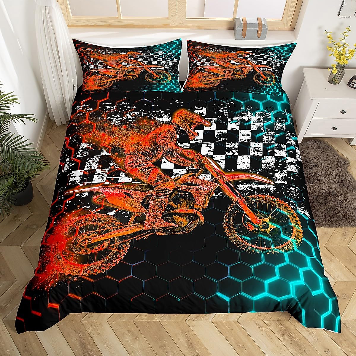 Feelyou Motocross Duvet Cover Set Black Orange Dirt Bike Rider Blue Orange Honeycomb Bedding Set Boys Racing Grid Comforter Cover Fashion Motorcycle Silhouette Quilt Cover Room 2Pcs Twin Size,Zipper
