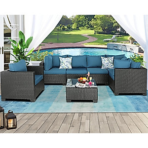 Furnimy Outdoor Furniture Patio Furniture Sets Conversation Sets Balcony Furniture Outdoor Sectional for Outdoor Indoor Backyard Lawn Garden Porch Poolside (Expresso-Peacock Blue, 7 Pieces Set)