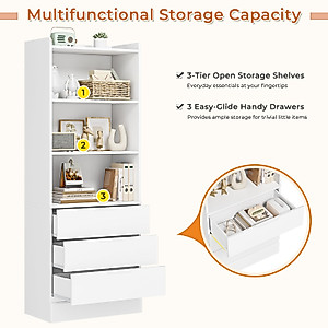 DICTAC 73.23'' Tall Storage Cabinet Bookcase with 3 Drawers and 3-Tier Open Shelves Wooden Bookshelf Kitchen Pantry Storage Cabinets Storage Organizer for Living Room, Study, Kitchen,Bathroom,White