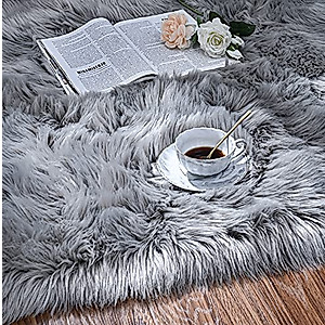 ISEAU Soft Faux Fur Fluffy Area Rug, Luxury Fuzzy Sheepskin Carpet Rugs for Bedroom Living Room, Shaggy Silky Plush Carpet Bedside Rug Floor Mat, 3ft x 5ft, Gray