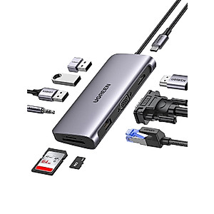 UGREEN USB C Hub, 10-in-1 USB-C Docking Station, 4K HDMI& VGA Dual Monitor, 1Gbps Ethernet, 100W PD, 3 3.0 Ports, 3.5mm Audio Jack, SD/TF Card Reader Multiport Adapter for MacBook iPad Dell HP