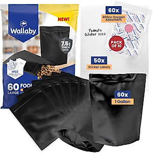 Wallaby 60 Count 1-Gallon Gusset Mylar Bags with 400cc Oxygen Absorbers, 15 Mil Total Thicker Long-Term Food Storage Pouches, 10x14 Stand-Up Resealable Heat-Sealable Airtight Packaging - Matte Black