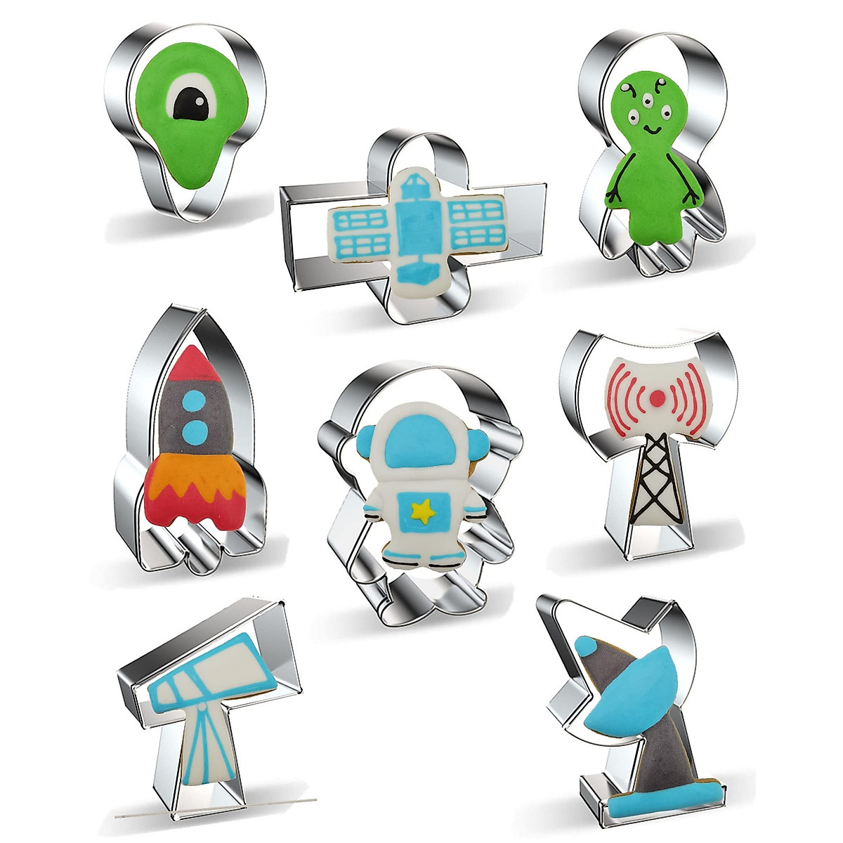 Space Alien Series Cookie Cutter Set of 8 pcs, Stainless Steel UFO Fondant Cutters Set Pastry Biscuit Baking Clay DIY Molds for Kids
