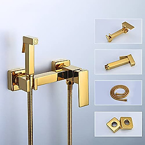 MINJING Bidet Sprayer Kit for Toilet Gold Hot and Cold Wall Mounted Bidet Attachment Faucet Sprayer Kit for Toilet Single Handle Multifunction Bathroom Toilet Bidet Mixer Spray Kit,A