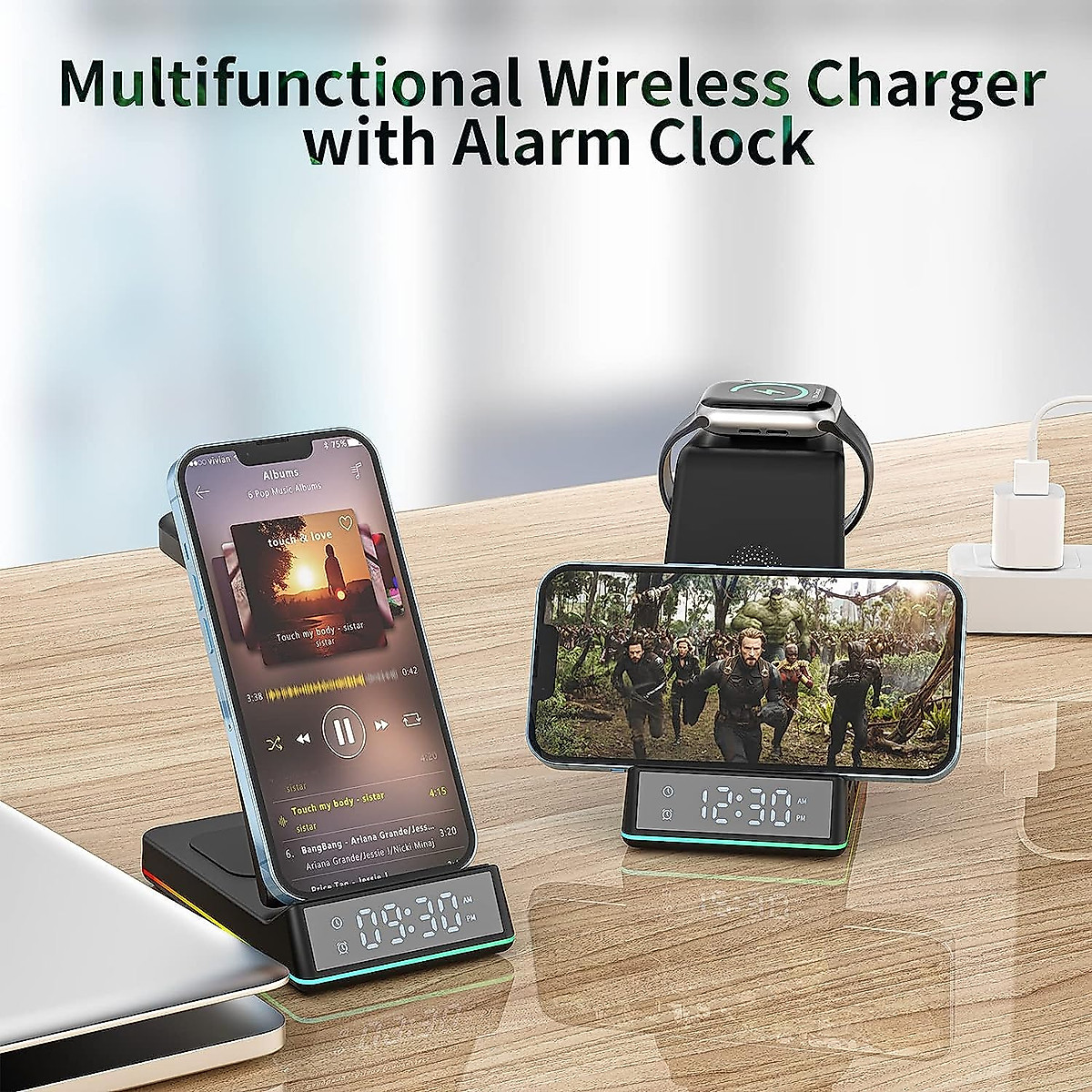 Wireless Charging Station, 5 in 1 Wireless Charger [with Alarm/Clock/Night Light] 15W Wireless Charging Dock Stand for iPhone 14/13/12/11,Samsung Phones,Apple Watch Series & Airpods