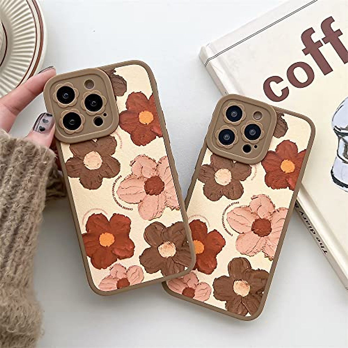 Cute Flower Camera Lens Phone Case for iPhone 14 Pro Cover Lovely Floral Side Frame Design Silicone Protective Cases for Apple 14 Pro - Brown
