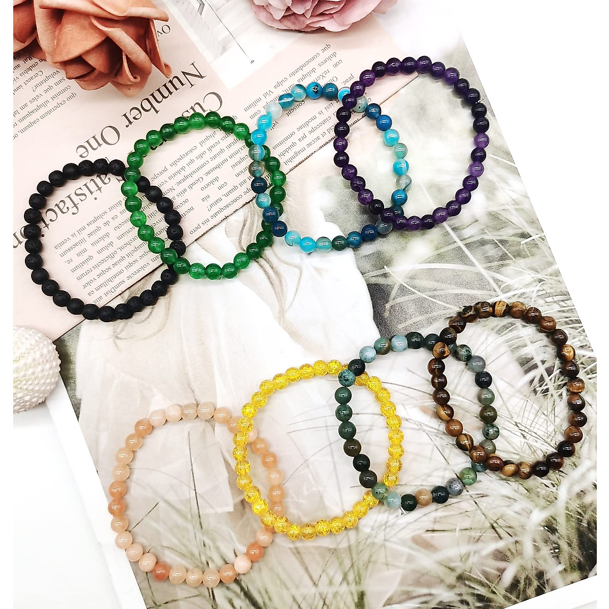 SAMOCO 12Pcs 4mm 6mm 8mm Gemstones Bracelets for Women Men Semi Precious Healing Crystal Stone Stretch Round Beaded Bracelet Handmade Energy Bracelets adjustable(6mm)