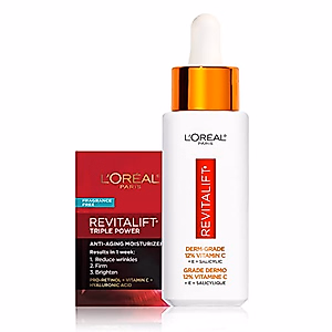 L'Oreal Paris Revitalift 12% Pure Vitamin C Serum, Vitamin E, Salicylic Acid, Moisturizing, Smoothing & Brightening, Non Greasy + Moisturizer Sample