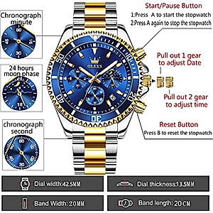 OLEVS Blue Watches for Men Watch Men Gold and Silver Stainless Steel Watches for Men Big Face Luxury Watches for Men Quartz Reloj para Hombre