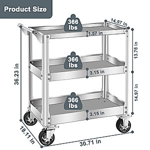 3-Tier Stainless Steel Utility Cart, 1100 lbs Heavy Duty Service Cart with Wheels, Rolling Tool Cart on Wheels, Work Cart for Mechanic, Garage, Workshop, Warehouse, 18.1" D x 30.7" W x 36.2" H