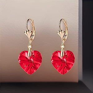 Austrian Crystal Heart Drop Leverback Earrings for Women Fashion Dangle Earring 14K Rose Gold Plated Hypoallergenic Jewelry (Red)