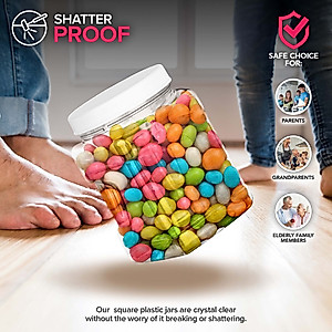 Stock Your Home Plastic Storage Jars (6 Pack) - 32 Oz Square Plastic Canisters with Lids - Shatterproof Plastic Storage Jars with Lids - Reusable Wide Mouth Clear Plastic Containers with Lids