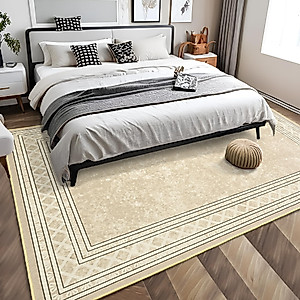 Tepook Modern Bordered 4x6 Area Rugs for Bedroom Aesthetic, Indoor Machine Washable Rugs for Living Room, Low Pile Throw Rugs with Rubber Backing for Office Dining Room Kitchen, Beige