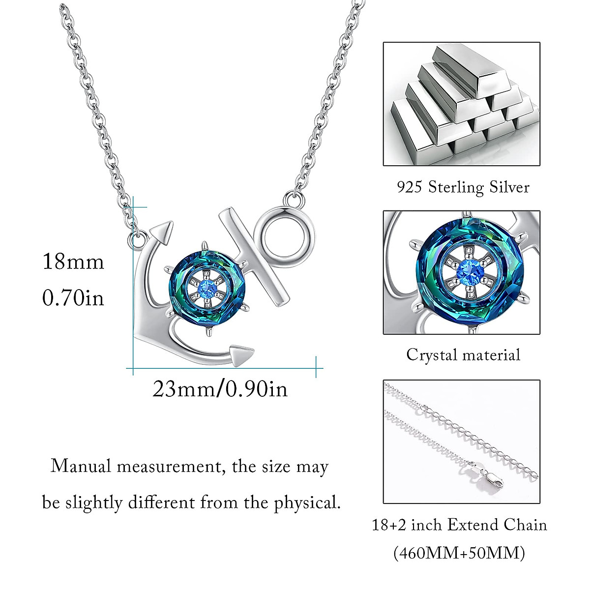 Anchor Necklace for Women, 925 Sterling Silver Boat Anchor Ocean Sailor Necklace, Austrian Circle Crystal Nautical Jewelry Blue Ship Wheel Pendant Inspirational Gifts for Best Friend