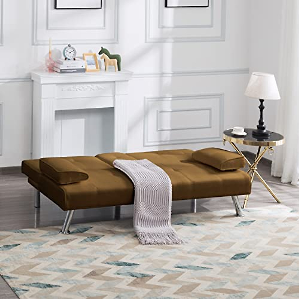 FULife Tufted Upholstered Futon Sofa Convertible Sleeper Couch Bed Daybed Loveseat,Folding Recliner with 2 Cup Holders,Removable Soft Pillow-Top Armrest,3 Angles for Living Room Small Place