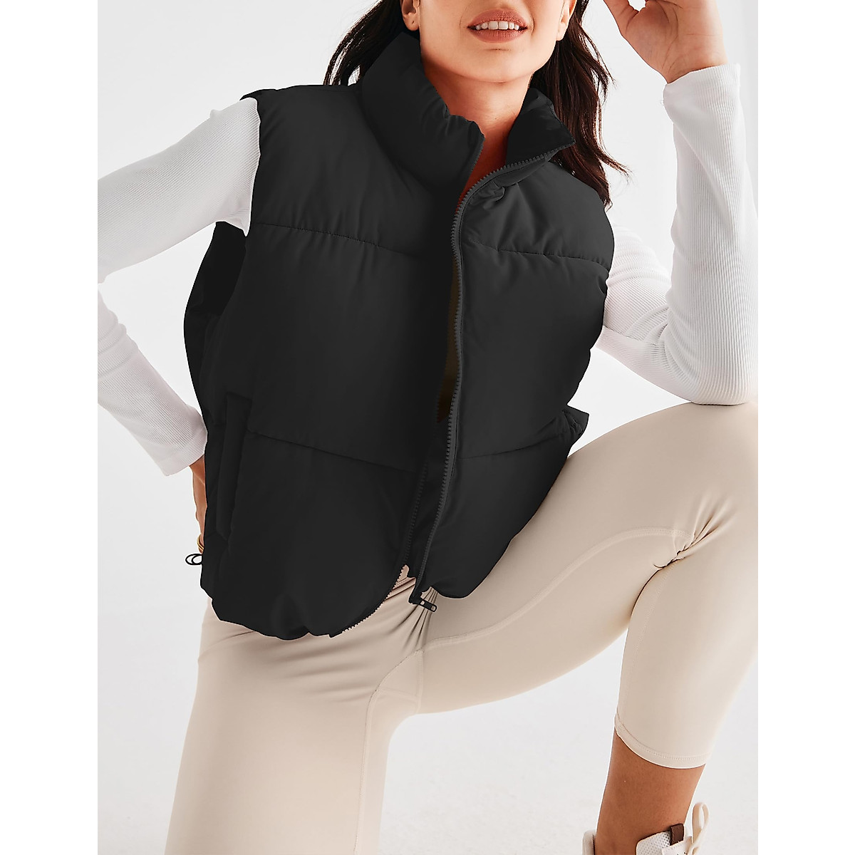 MEROKEETY Women's Quilted Puffer Vest Lightweight Stand-up Collar Soild Color Warm Outewear, Black, Large