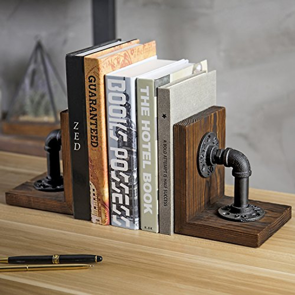 MyGift Rustic Brown Wood Decorative Office Bookends with Realistic Industrial Pipe Design, Shelf Decor Desk Book Holder L-Shaped Stand, 1-Pair
