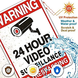 2 Pack No Trespassing Sign, 24 Hour Video Surveillance Signs, Rust-free Aluminum Metal Reflective Sign, Fake Security Camera Sign, Indoor Or Outdoor Use for Home Yard Business CCTV (10 x 7 Inches)