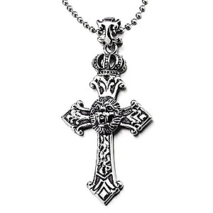 COOLSTEELANDBEYOND Stainless Steel Vintage Crown Lion Head Cross Pendant Necklace for Men Women, 30 inches Ball Chain