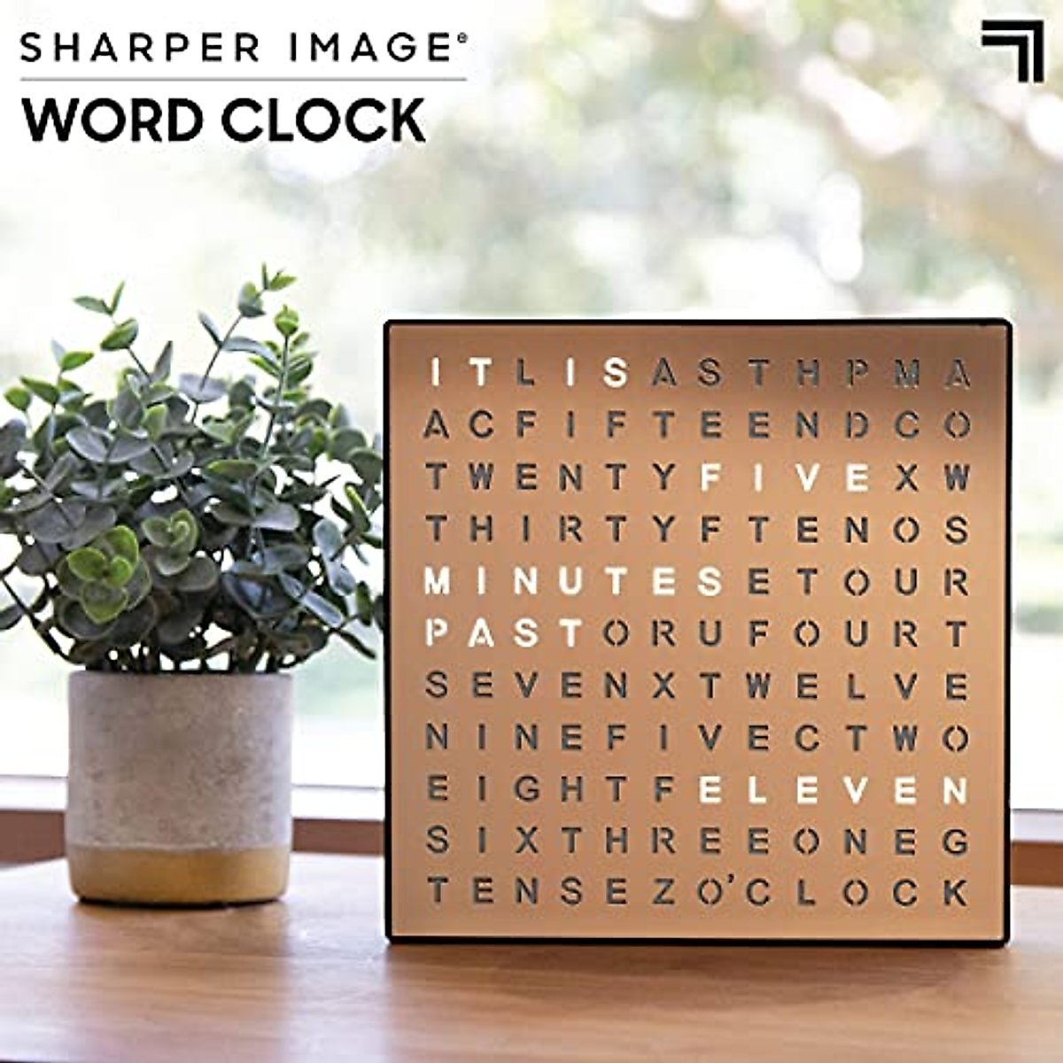Sharper Image Light Up Electronic Word Clock, Copper Finish with LED Light Display, USB Cord and Power Adapter, 7.75in Square Face, Unique Contemporary Home and Office Decor