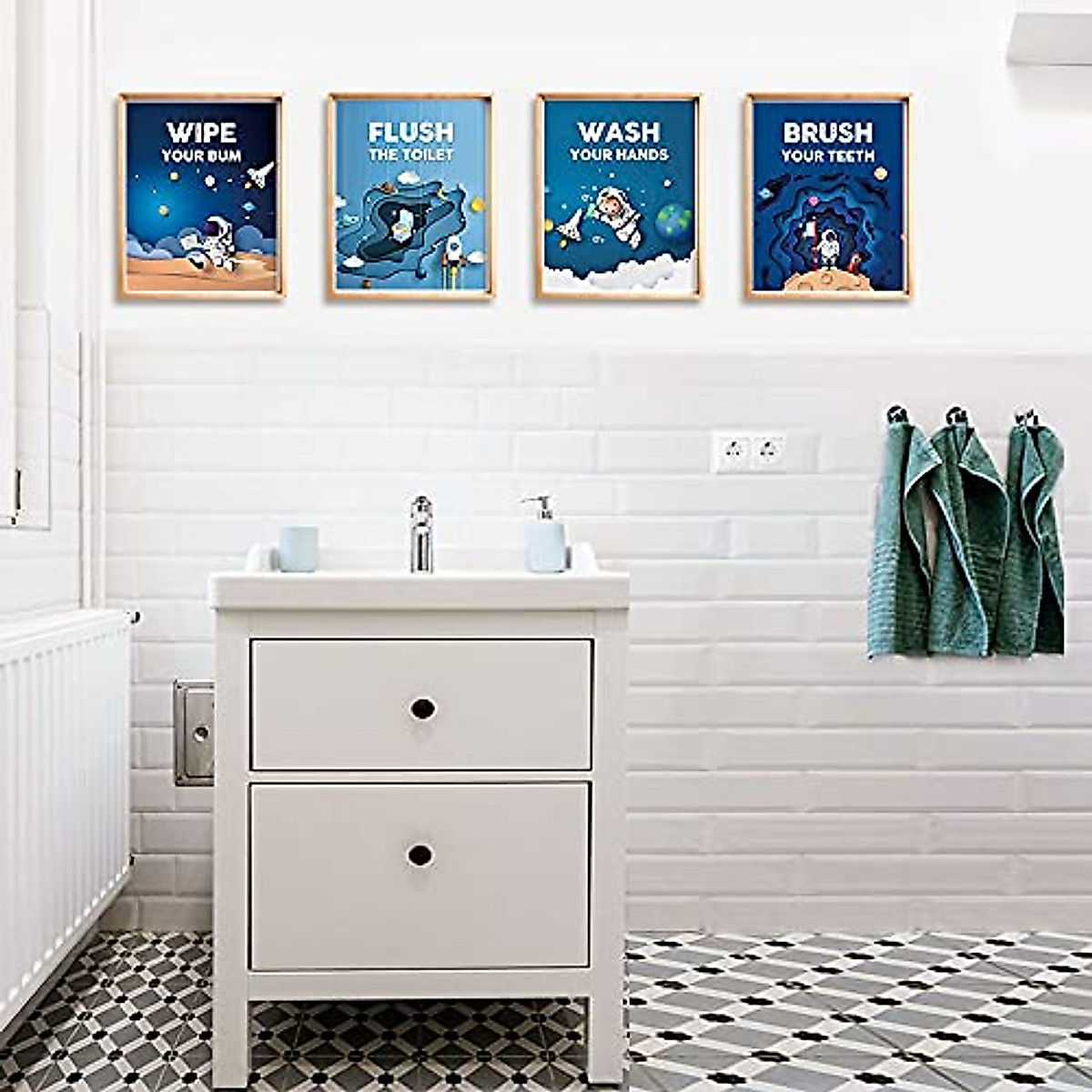 FALJIOK Funny Bathroom Outer Space Planet Wall Art Prints Decor, Bathroom Sign Brush Wash Brush, Bathroom Gift for Kids Son Brother Grandson Set of 4 (8”X10”) Unframed