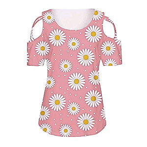 wodceeke Women's Floral Off Shoulder T-shirt Plus Size Round Neck Tee Summer Casual Sports Tops (Pink, XXL)