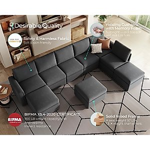 LINSY HOME Modular Sectional Sofa, Oversized Sectional Couch with Storage, Ottomans, Modular Sectional Sleeper Sofa with Memory Foam, 9 Seat U Shape Sofa Set for Living Room, Dark Grey