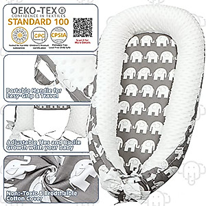 Mamibaby Baby Lounger, Ultra Soft 100% Cotton & Breathable Fiberfill Newborn Lounger, Portable Adjustable Infant Floor Seat for Travel, Newborn Must Have Essentials Baby Registry Search(Elephant)