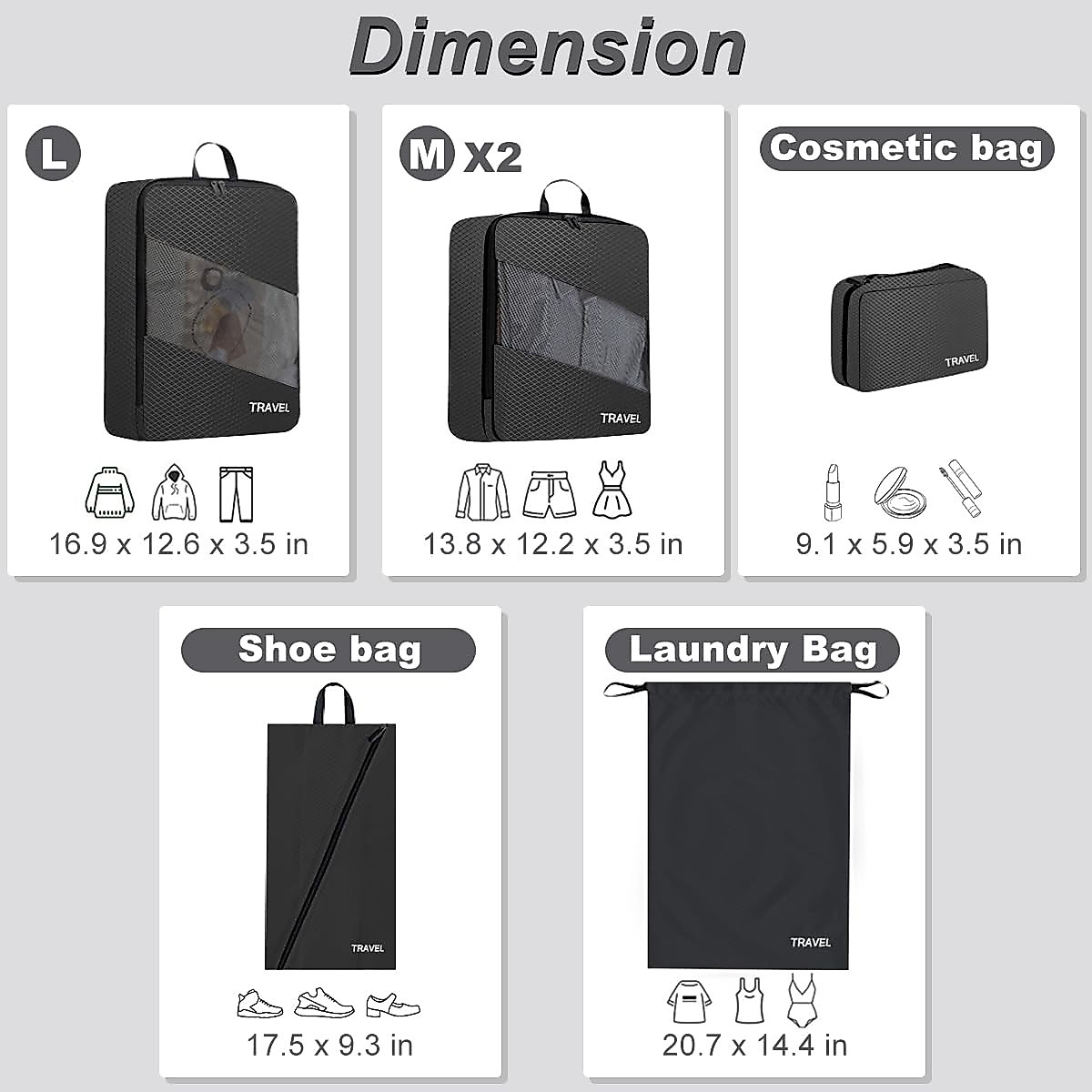 Compression Packing Cubes for Suitcases, 6 Set Large Travel Luggage Organizer Bags with Drawstring Laundry Bag, Toiletry Bag & Shoe Bag for Travel Essentials (black)