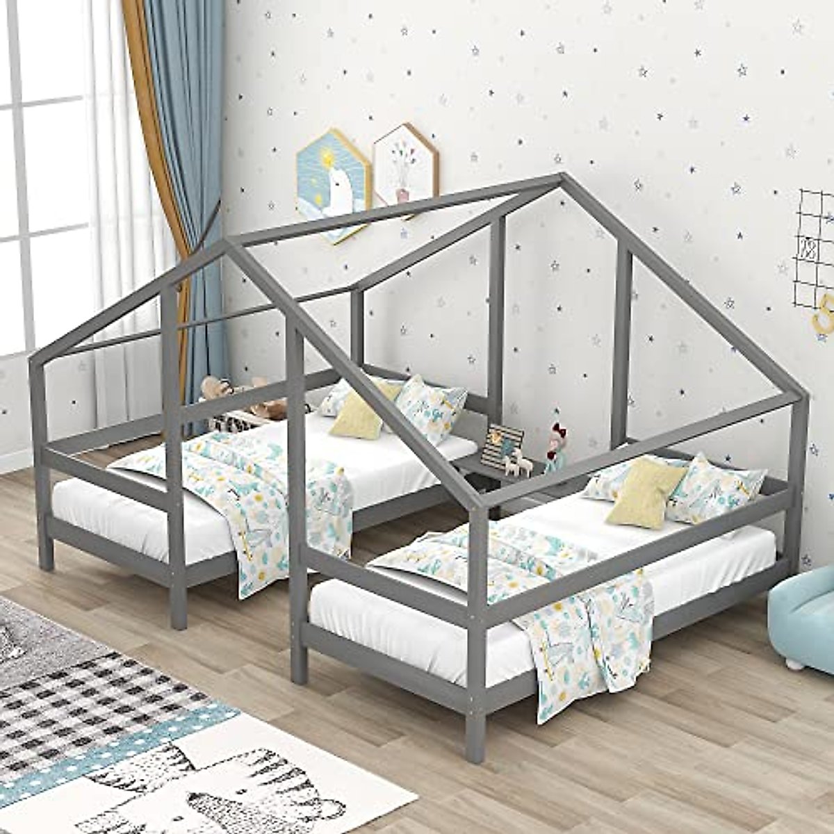 Double Twin Size Platform Beds with Built-in Table,Wood House Twin Beds Frames with Canopy Triangular Roof for Kids Teens Adults,Wood Slats Support/No Box Spring Needed,Gray