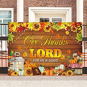 Give Thanks to The Lord Banner Backdrop 8x6FT Christian Thanksgiving Decorations Photography Background Autumn Maple Leaves Pumpkins Religious Thanksgiving Harvest Party Supplies Wall Decor