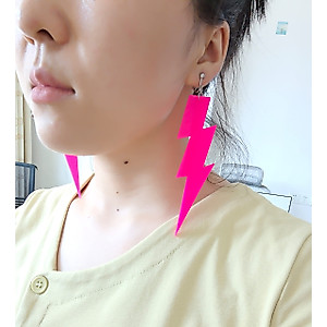 80s Neon Earrings Acrylic Exaggerated Women Lightning Bolt Clip on Earrings Non Pierced Earrings Halloween Jewelry 80's Party (rose red)