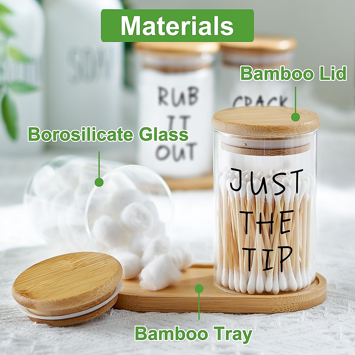 FyndraX Bathroom Organizer Holder Jars Set of 4, Funny Decor Qtip Glass Canister Containers for Guest Room, Restroom and Washroom Storage of Cotton Ball, Cotton Swab, Cotton Round Pads, Floss