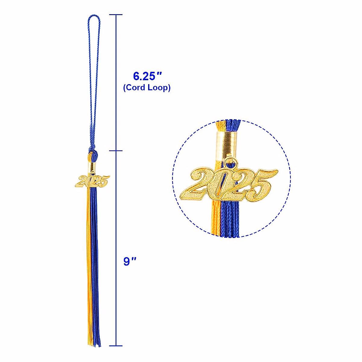 2025 Graduation Tassel 1PC,Graduation Cap Tassels Charm for 2025 Grads,2025 Tassel with 2025 Year Gold Date Charms for Graduate Parties Ceremonies Souvenir,Graduation Hat Decoration 9'' Blue Gold