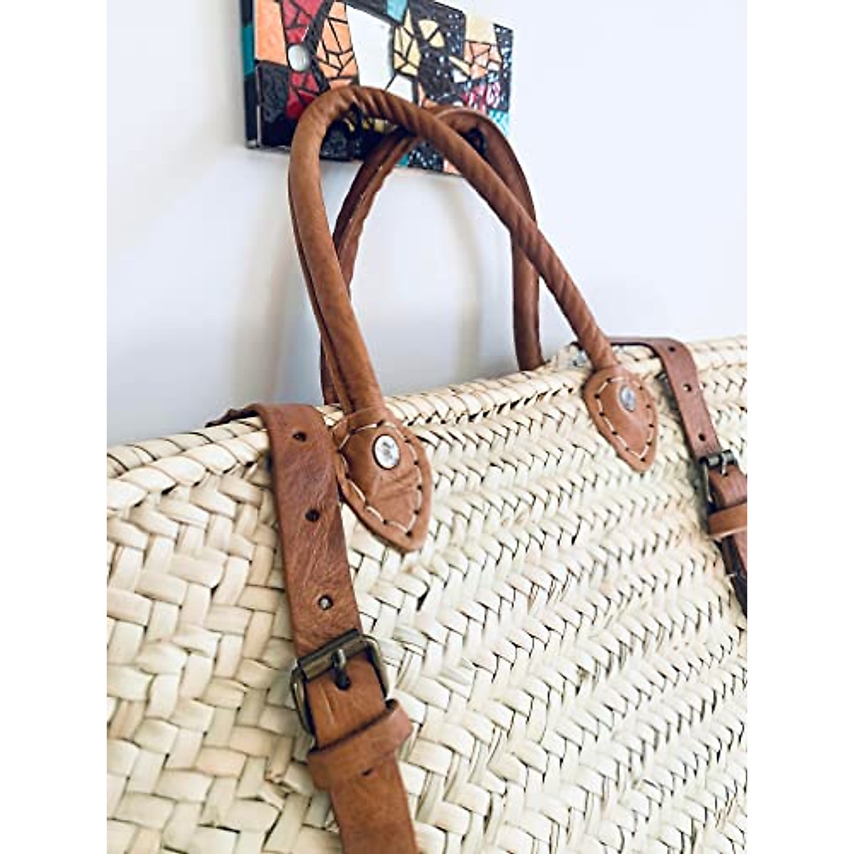 Palm Leaf Taza Backpack , Straw Bag Made, Shopping and Picnic Baskets, Traditional Moroccan Bag, Leather Made Bags, Handcrafted Bag, Beach Bag. (Brown)