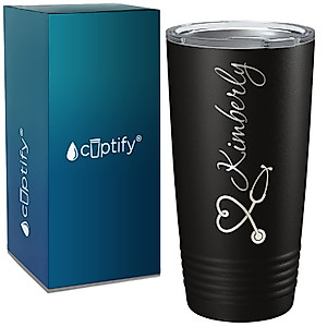 Personalized Heart Stethoscope Nurse, RN, LPN, CNA, CMA, MA Laser Engraved on Black 20 oz Stainless Steel Tumbler with Lid - Insulated Cup - Travel Mug
