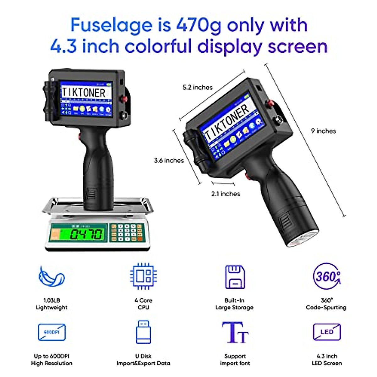 TIKTONER 127T1 Handheld Inkjet Printer 4.3 Inch Touch Screen Quick-Drying Ink Cartridge Inkjet Coding Portable Handheld Printer for Barcode Batch Number Code Date Label Logo QRCode (25 Languages)