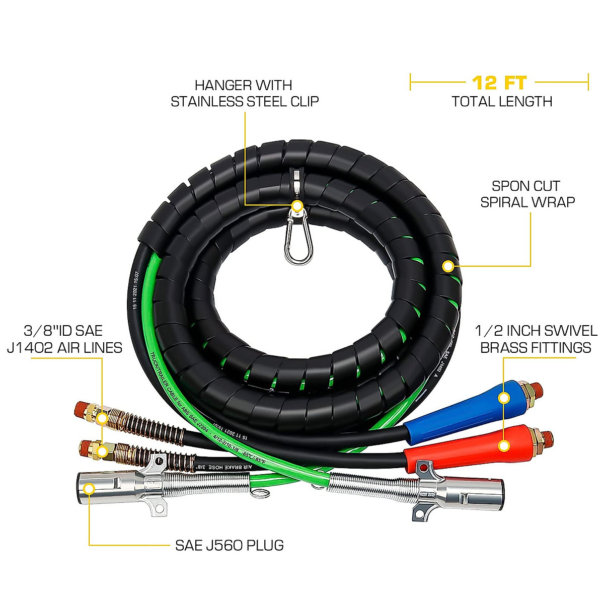 Autsurles 12ft 3 in 1 Trailer Air Line Hose Wrap Assembly with 7 Way Electrical Cable ABS & Power Air Line for Semi Truck Trailer Tractor