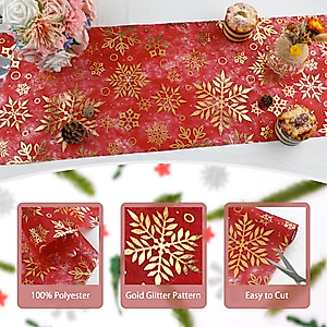 Qidordour Christmas Table Runner, 11 Inch x 196 Inch Long Table Runners, Gold Snowflake on Red Non-Woven Cloth Roll, Tabletop Decoration for Xmas Boho Farmhouse Home Kitchen Dining Thanksgiving Decor