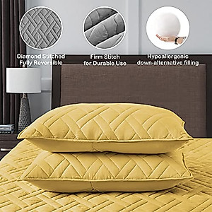 Quilt Set King Size Yellow, Classic Geometric Diamond Stitched Pattern, Ultra Soft Microfiber Lightweight Bedding Set Quilted Bedspread Coverlet for All Season, 3 Piece Includes 1 Quilt and 2 Shams