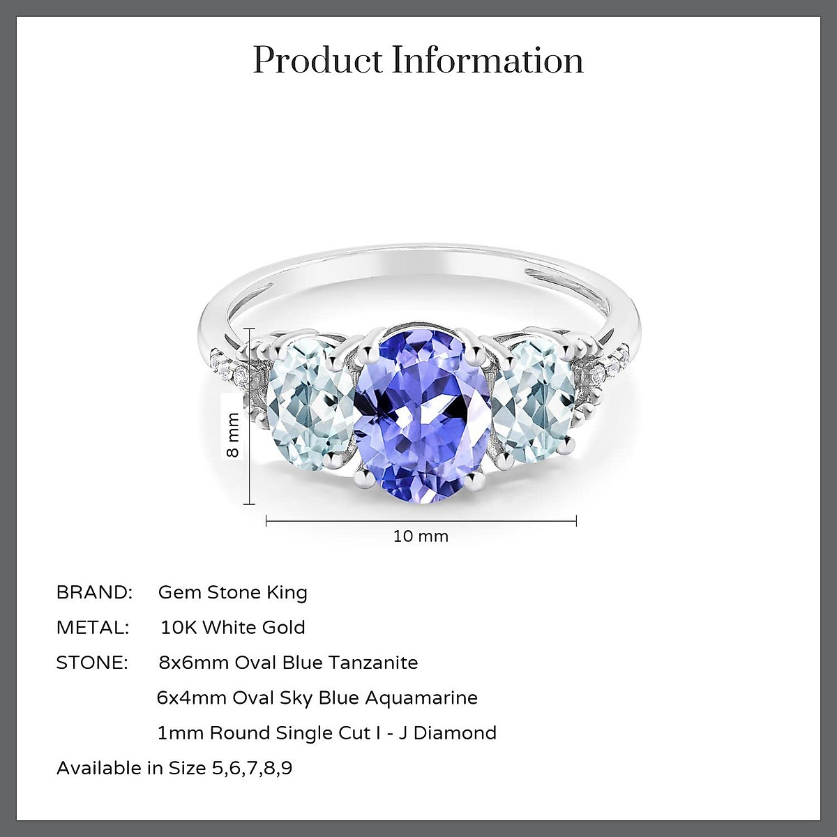 Gem Stone King 10K White Gold Blue Tanzanite Sky Blue Aquamarine & Diamond Accent 3-Stone Engagement Ring | 2.07 Cttw | 3 Stone Wedding Engagement Anniversary Promise Ring For Women (Size 5)