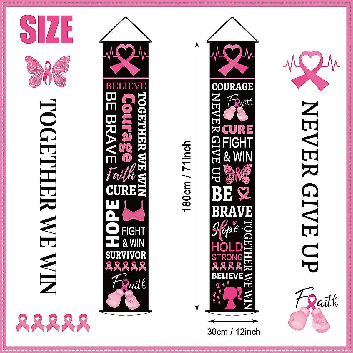 Pink Ribbon Party Decorations Breast Cancer Awareness Banner Porch Sign Hope Strength Courage Faith Black and Pink Door Banner Party Supplies for Pink Ribbon Breast Cancer Charity Theme Party Favors