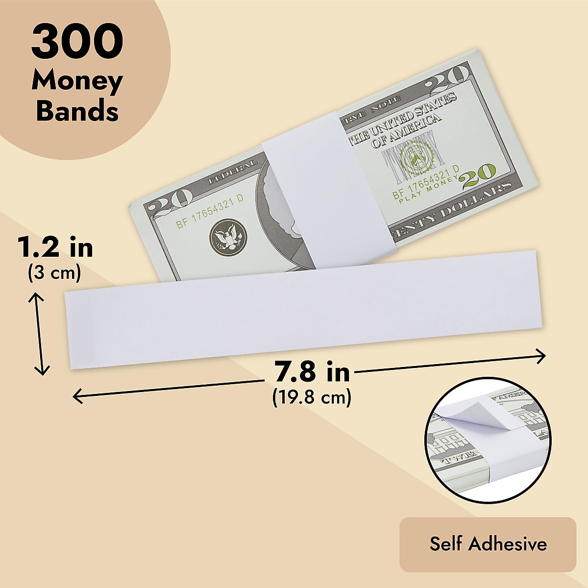 Juvale 300 Pack Money Bands for Cash, Blank Self-Adhesive Currency Straps, Bill Wrappers (White, 7.8x1.2 in)