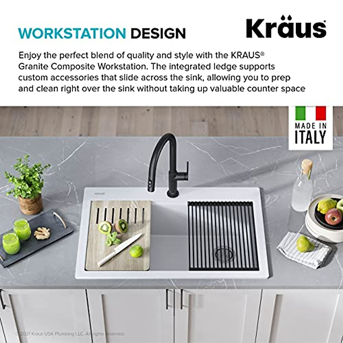 KRAUS Bellucci Workstation 33 in. Drop-In Granite Composite Single Bowl Kitchen Sink in White with Accessories with WasteGuard™ Continuous Feed Garbage Disposal, KGTW1-33WH-100-75MB