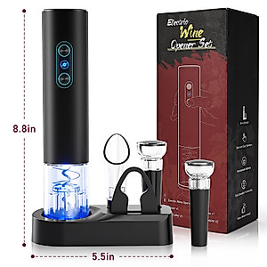 Otuseta Electric Wine Opener, Rechargeable Cordless Wine Accessories, Stainless Steel Cordless Automatic Wine Bottle Corkscrew with Vacuum Stoppers, Foil Cutter for Home Party Wedding, Bars(Black)