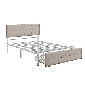 MERITLINE Full Size Metal Bed, Platform Bed Frame with Upholstered Headboard and Footboard, Platform Bed with Drawer Storage No Box Spring Needed ( Beige)