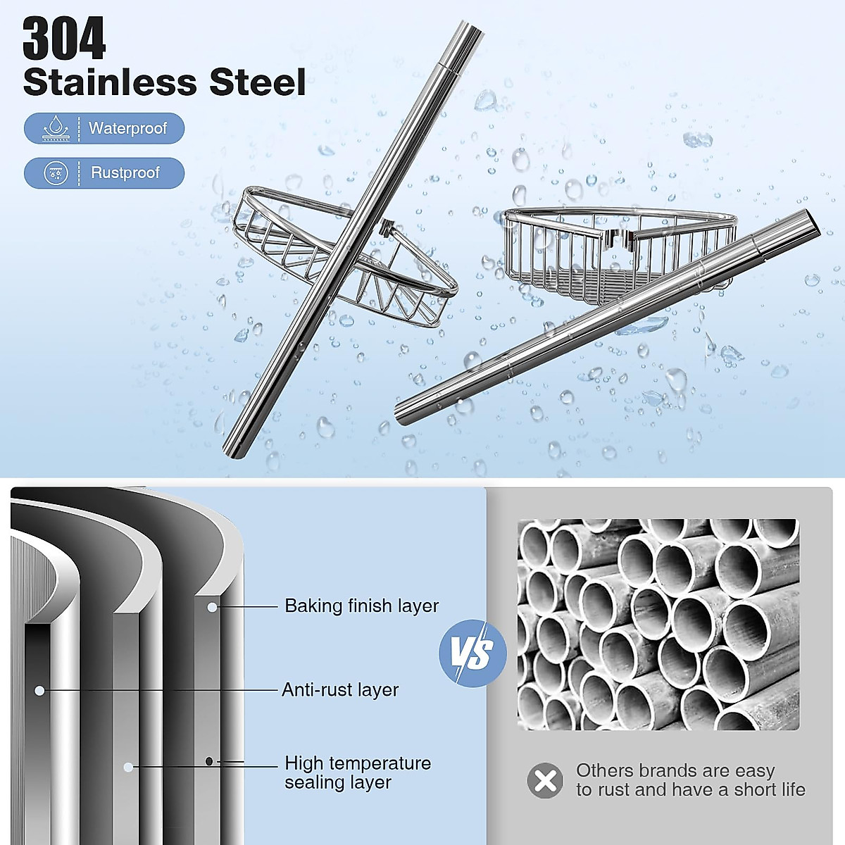 Corner Shower Caddy Tension Pole: Stainless Steel Rustproof 4-Tier Shower Organizer - 47-121 inch Adjustable Bathroom Shelves for Bathtub Shampoo Storage - Tension Rod Floor Standing Bath Rack -Sliver