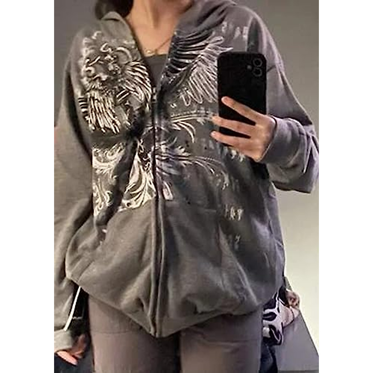 Winioder Women Y2K Zip Up Hoodie Vintage Graphic Oversized Hoodies Grunge Aesthetic Sweatshirt Jacket Skeleton Gothic Hoodie (B-Grey,X-Large)